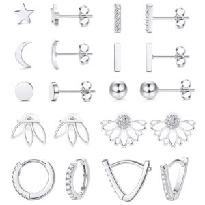 loyallook 10pairs stainless steel stud earring set moon star bar earrings lotus ear jacket cz cuff hoop huggie cartilage earring for women, silver