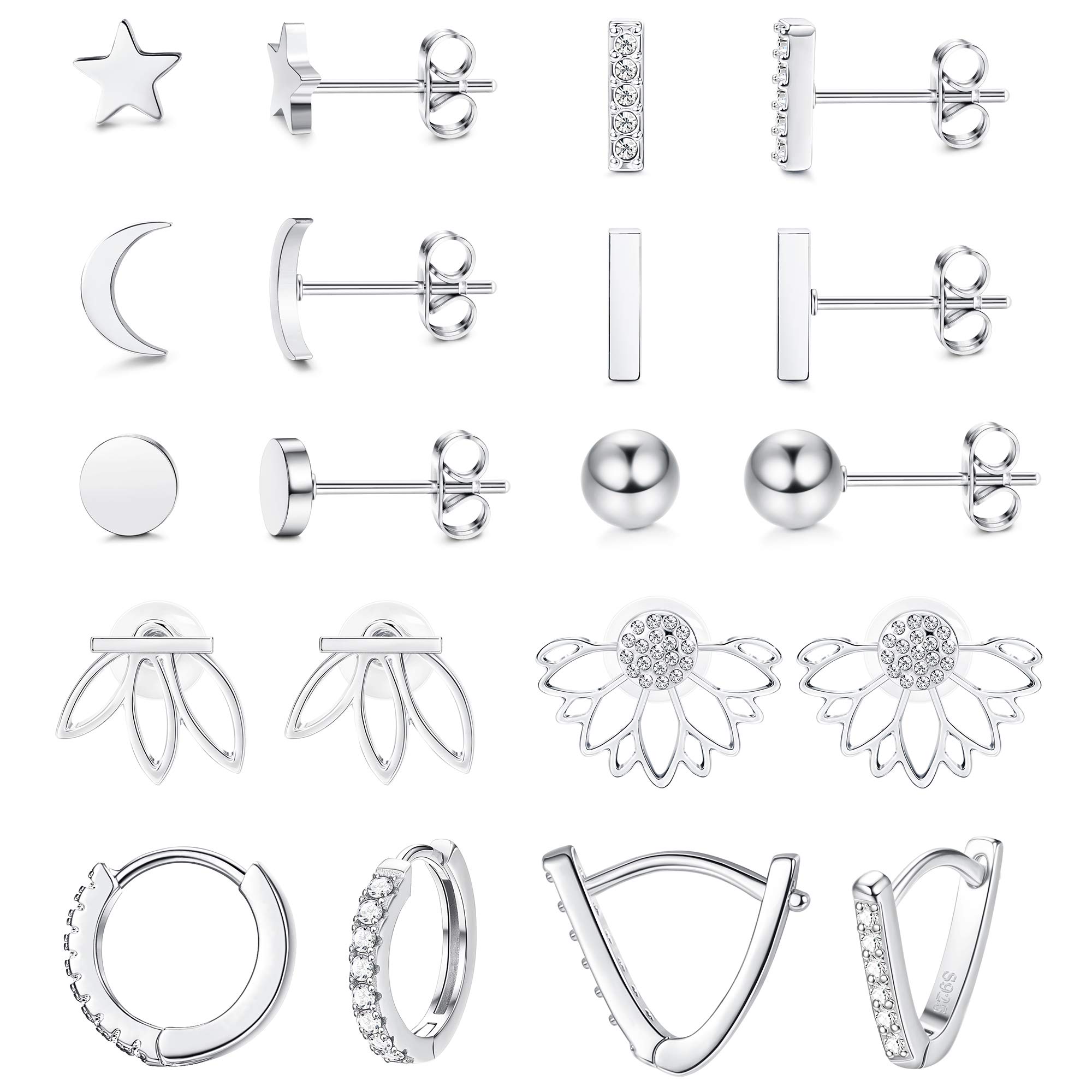 LOYALLOOK 10Pairs Stainless Steel Stud Earring Set Moon Star Bar Earrings Lotus Ear Jacket CZ Cuff Hoop Huggie Cartilage Earring for Women, Silver