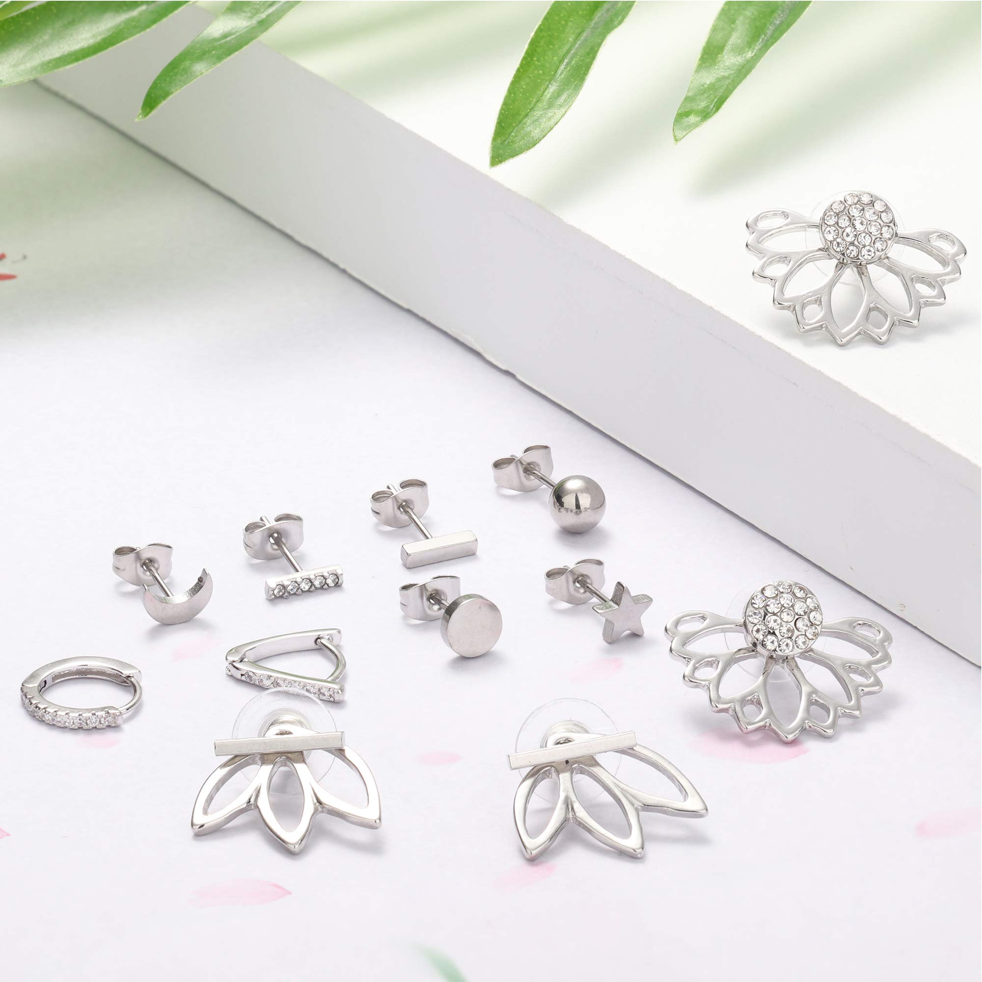 LOYALLOOK 10Pairs Stainless Steel Stud Earring Set Moon Star Bar Earrings Lotus Ear Jacket CZ Cuff Hoop Huggie Cartilage Earring for Women, Silver