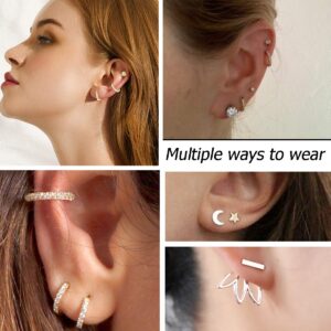 LOYALLOOK 10Pairs Stainless Steel Stud Earring Set Moon Star Bar Earrings Lotus Ear Jacket CZ Cuff Hoop Huggie Cartilage Earring for Women, Silver