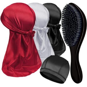 3pcs silky durags with 1 wave brush pakcs for men waves, satin doo rags and medium curve waves brush - made with boar bristles -all purpose 360 waves brush