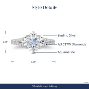 Jewelili Enchanted Disney Fine Jewelry Sterling Silver with 1/5 Cttw Diamond and Aquamarine Elsa Snowflake Ring Size 7