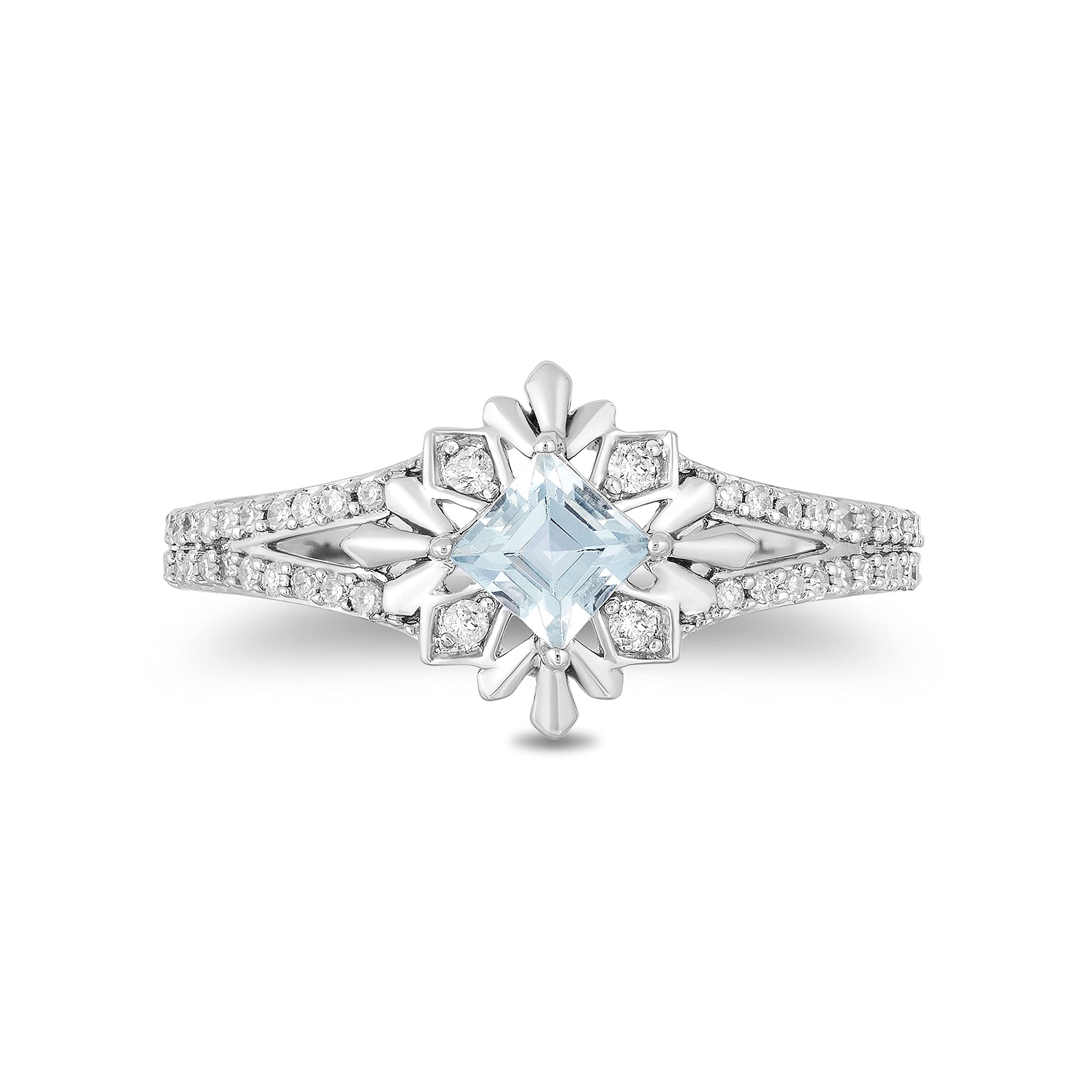 Jewelili Enchanted Disney Fine Jewelry Sterling Silver with 1/5 Cttw Diamond and Aquamarine Elsa Snowflake Ring Size 7