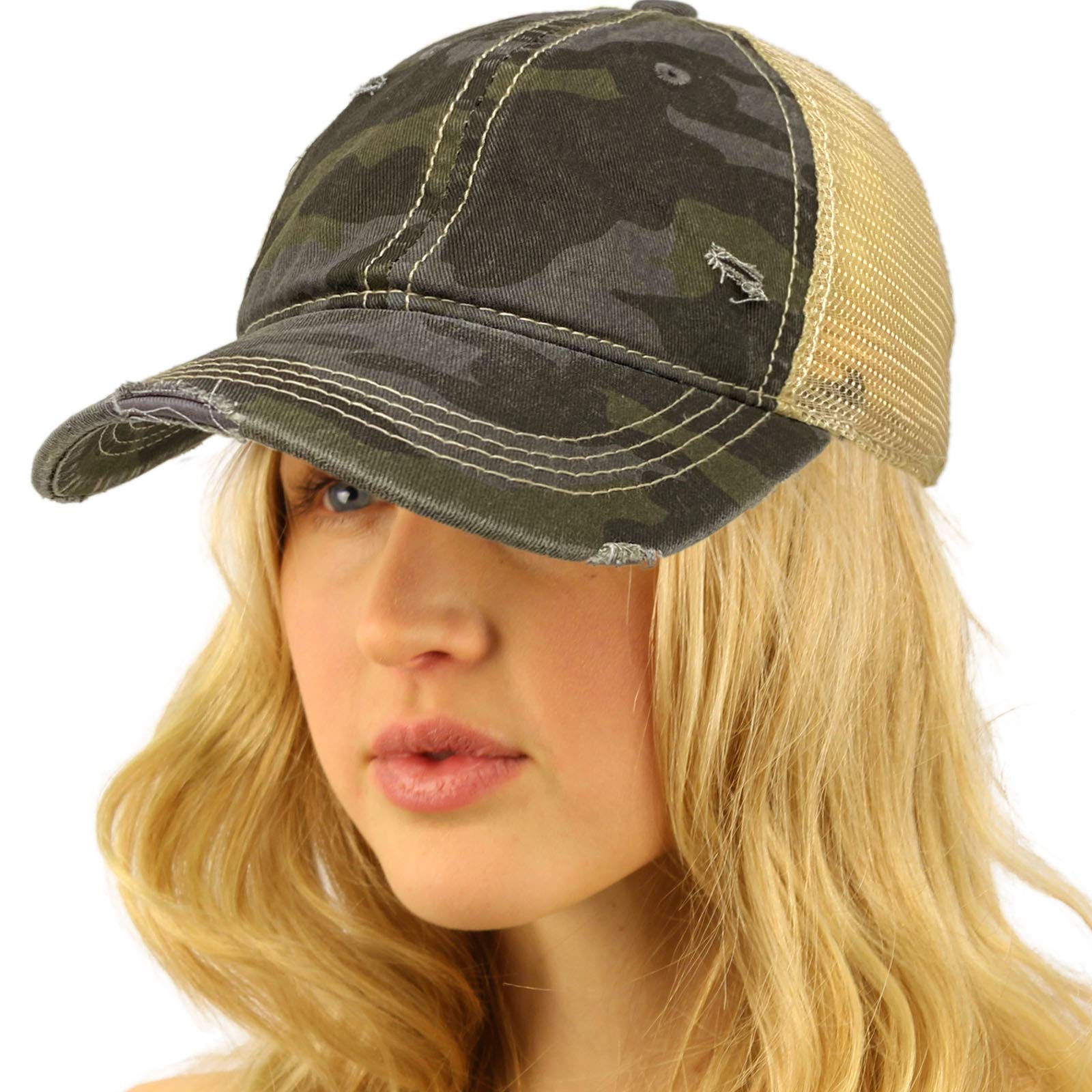 CC Everyday Distressed Trucker Mesh Summer Vented Baseball Sun Cap Hat (Camouflage Black)