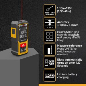 PREXISO Mini Laser Measurement Tool, 135Ft Rechargeable Laser Distance Meter Ft/Ft+in/in/M Unit, Laser Measure with High Accuracy, Pythagorean, Distance, Area, Volume Modes