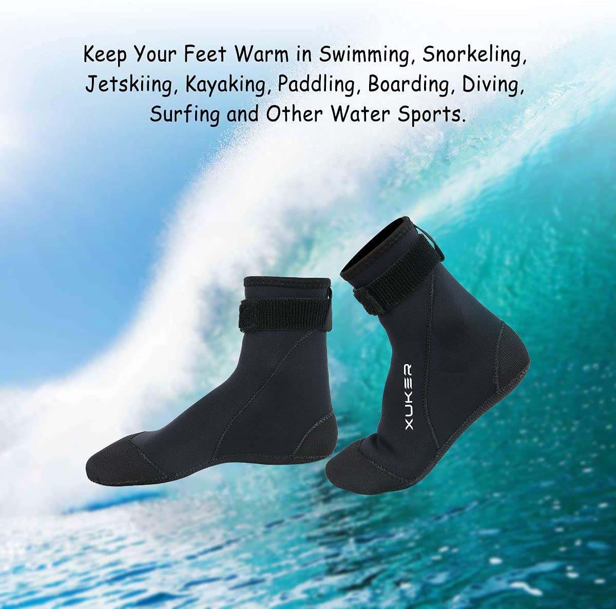 XUKER Waterproof Water Socks 3mm, Neoprene Sand Proof Beach Volleyball Soccer Socks Water Shoes Wetsuit Booties Men Women for Diving Swimming Surfing Snorkeling, Glued Blind Stitched High Cut