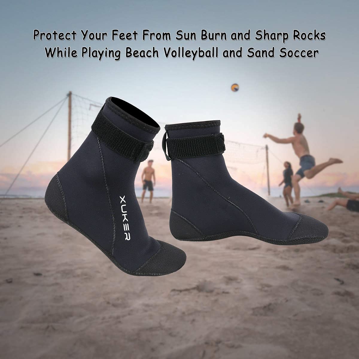 XUKER Waterproof Water Socks 3mm, Neoprene Sand Proof Beach Volleyball Soccer Socks Water Shoes Wetsuit Booties Men Women for Diving Swimming Surfing Snorkeling, Glued Blind Stitched High Cut