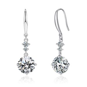 Drop Dangle Earrings 925 Sterling Silver Hook with 9MM 2.75ct CZ and 2pcs Small Cubic Zirconia Design 14K White Gold Plated Hypoallergenic Gorgeous Gift for Women and Girls (White gold)