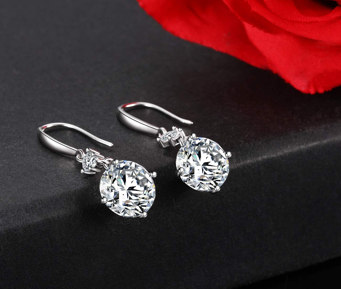 Drop Dangle Earrings 925 Sterling Silver Hook with 9MM 2.75ct CZ and 2pcs Small Cubic Zirconia Design 14K White Gold Plated Hypoallergenic Gorgeous Gift for Women and Girls (White gold)