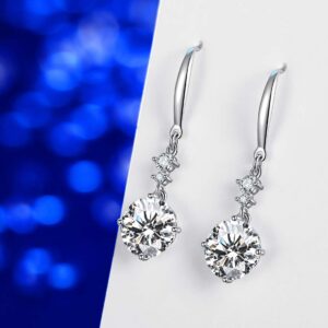 Drop Dangle Earrings 925 Sterling Silver Hook with 9MM 2.75ct CZ and 2pcs Small Cubic Zirconia Design 14K White Gold Plated Hypoallergenic Gorgeous Gift for Women and Girls (White gold)