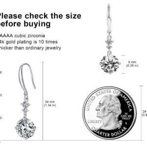 Drop Dangle Earrings 925 Sterling Silver Hook with 9MM 2.75ct CZ and 2pcs Small Cubic Zirconia Design 14K White Gold Plated Hypoallergenic Gorgeous Gift for Women and Girls (White gold)