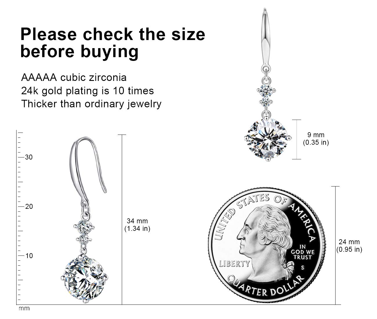 Drop Dangle Earrings 925 Sterling Silver Hook with 9MM 2.75ct CZ and 2pcs Small Cubic Zirconia Design 14K White Gold Plated Hypoallergenic Gorgeous Gift for Women and Girls (White gold)