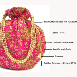 EKAVYA Potli Bag Woman Rani color Pouch/Coin/Jewellery Purse for Women & Girls Heavy Potli Bag for wedding and party H*L -9 * 9.5 Inch