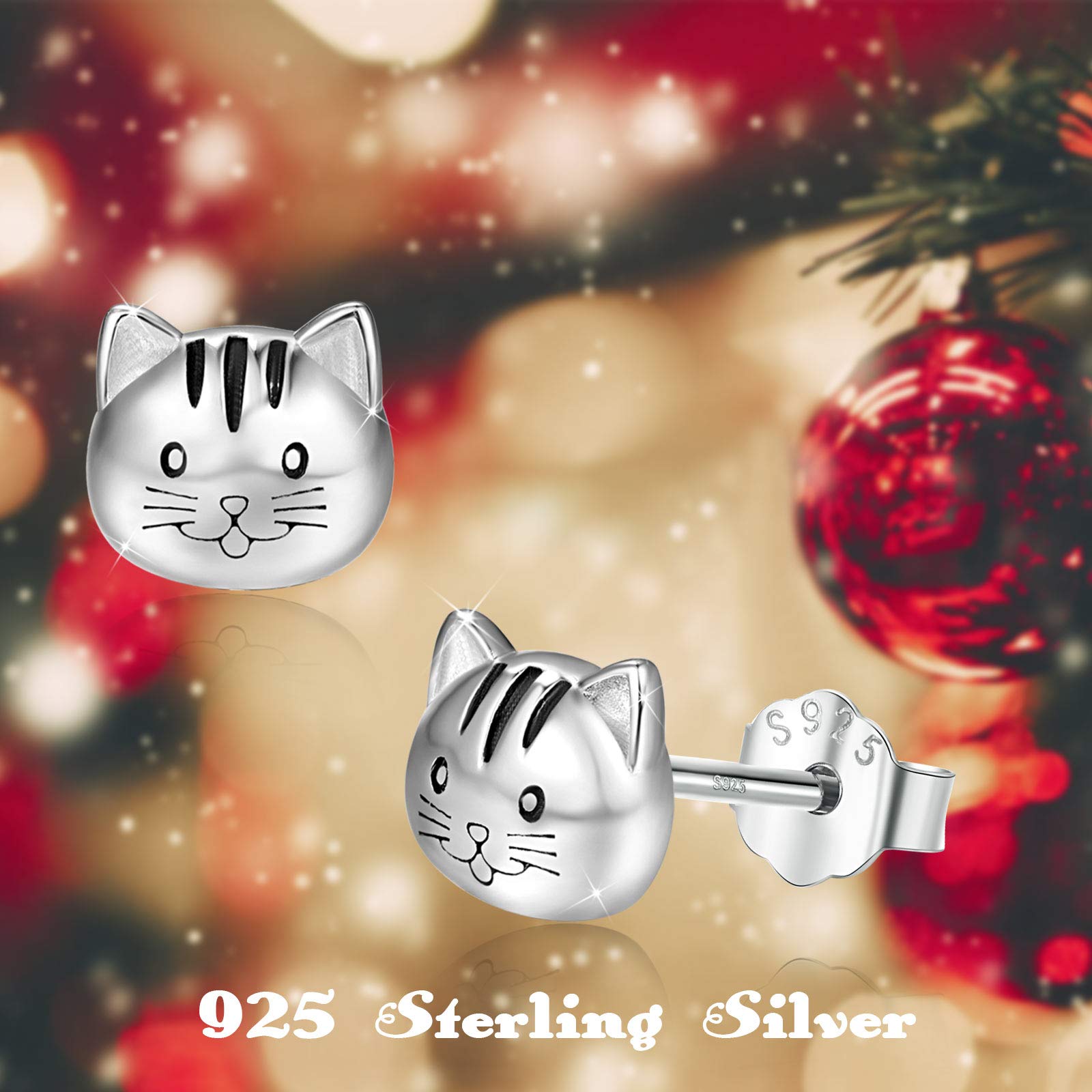 925 Sterling Silver Cat Earrings, Hypoallergenic Kitten Studs Kitty Earrings for Sensitive Ears, Mother Day Present for Women Cat Lovers with Packing Box