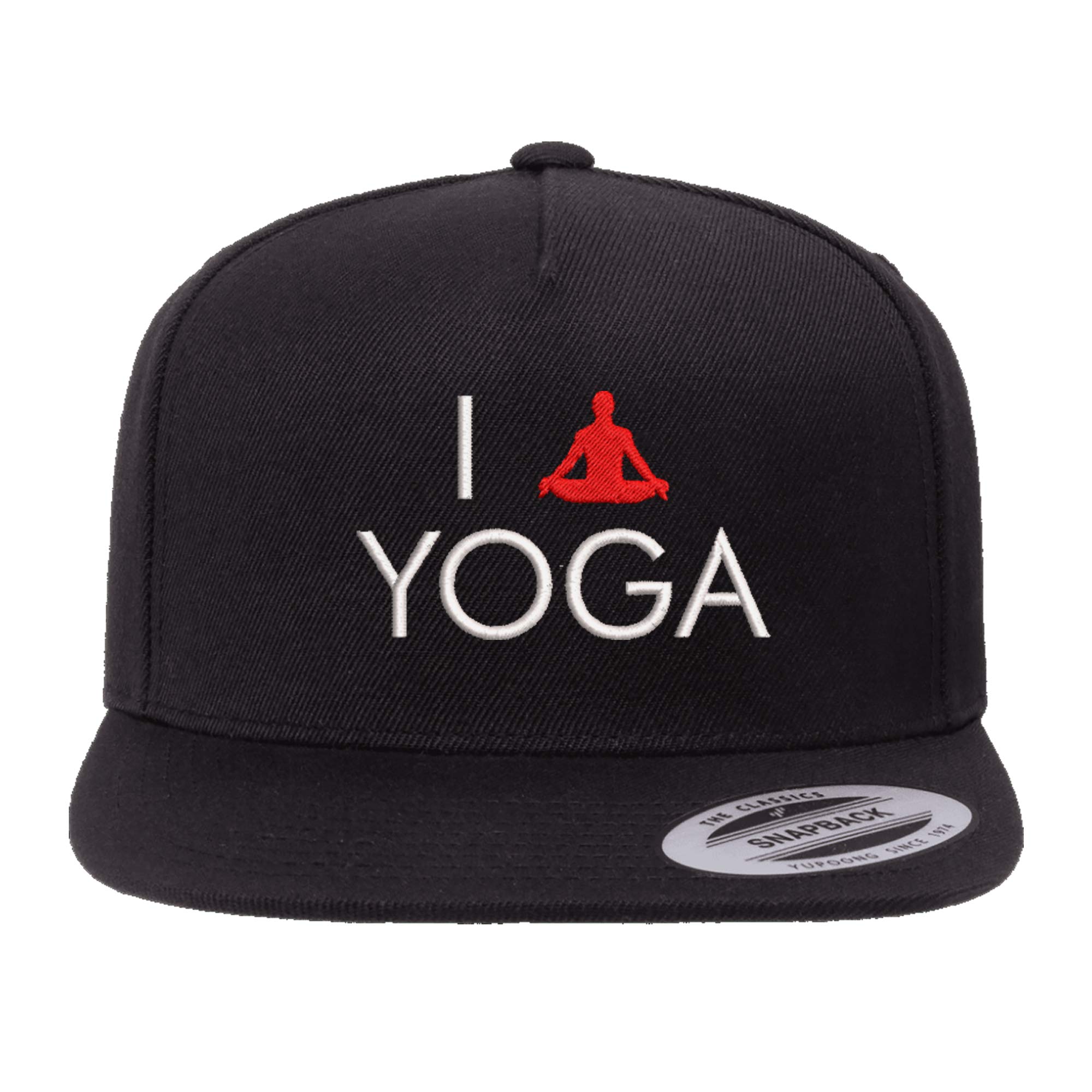 I Love Yoga Custom Embroidered Yupoong Flat Bill Snapback Hat Black