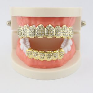 Gold Teeth Grillz for Men Grills for Your Teeth Women 18K Plated Iced Out Diamond Poker Heart CZ Top and Bottom Grill Set Hip Hop Rapper