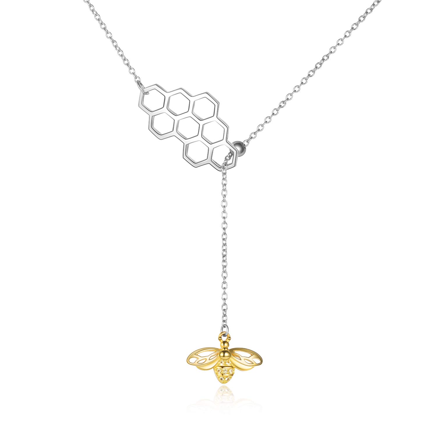 LUHE Bee Necklace Gifts Jewelry for Women Her Sterling Silver Gold Plated Geometric Honeycomb Bumble Bee Y-Necklace Beehive and Bee Pendant Necklace