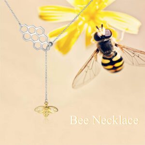 LUHE Bee Necklace Gifts Jewelry for Women Her Sterling Silver Gold Plated Geometric Honeycomb Bumble Bee Y-Necklace Beehive and Bee Pendant Necklace