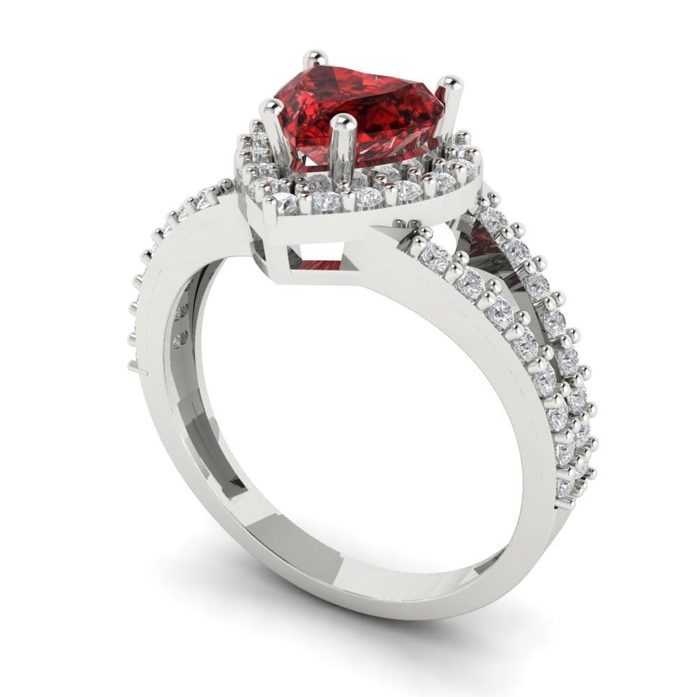 Clara Pucci 1.72ct Heart Cut Solitaire Halo split shank Natural Scarlet Red Garnet designer Modern Statement Ring Solid 14k White Gold