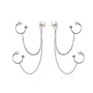 sluynz 925 sterling silver unique double cuff earrings chain for women shell pearl studs earrings pearl cartilage earrings