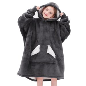 touchat oversized sherpa blanket hoodie sweatshirt with hood pocket and sleeves, soft warm plush hooded blanket for kids, one size fits all, grey