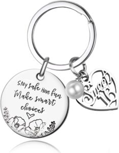 famoore stay safe have fun make good choices sweet 16 years old girl gifts for birthday, 16th teenage drivers keyring, new driver or graduation keychain, silver, medium