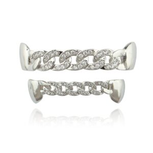 18k gold siver pave cz open face outline 6 top and bottom grills teeth