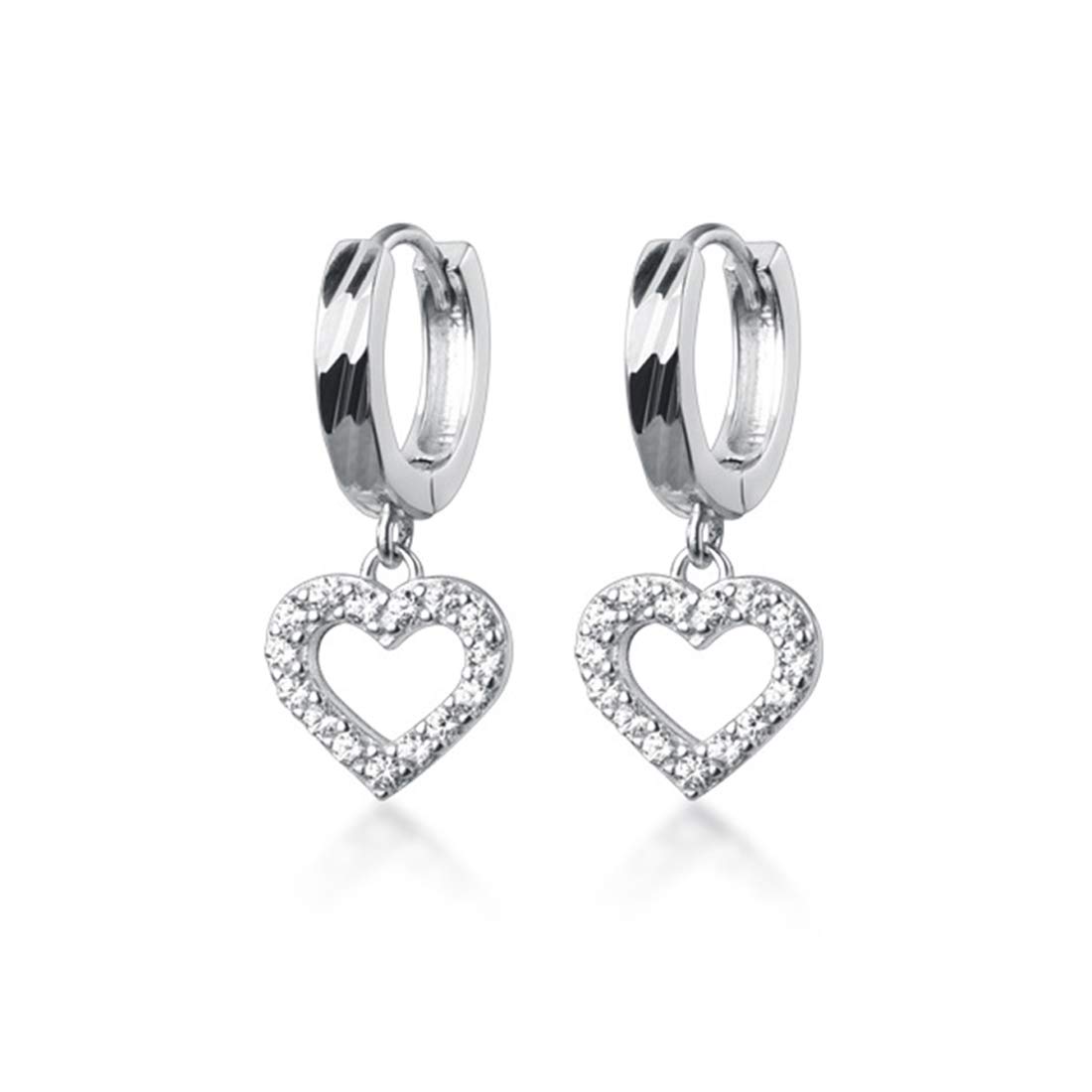 SLUYNZ 925 Sterling Silver Delicate CZ Heart Hoop Earrings for Women Sweet Love Heart Drop Earrings (A-Silver)