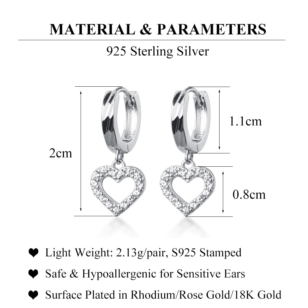 SLUYNZ 925 Sterling Silver Delicate CZ Heart Hoop Earrings for Women Sweet Love Heart Drop Earrings (A-Silver)