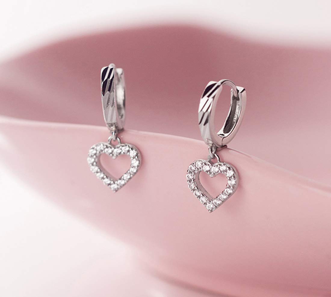 SLUYNZ 925 Sterling Silver Delicate CZ Heart Hoop Earrings for Women Sweet Love Heart Drop Earrings (A-Silver)