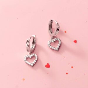 SLUYNZ 925 Sterling Silver Delicate CZ Heart Hoop Earrings for Women Sweet Love Heart Drop Earrings (A-Silver)