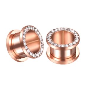 newzenro rose gold plated crystal rhinestones cz ear tunnels plugs expander gauges stretcher earrings screw stainless steel piercing body jewelry personalized gifts (2g(6mm))