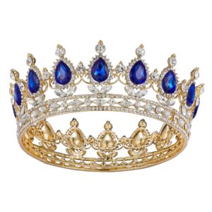 sweetv crystal queen crown for women, rhinestone wedding tiara headband, full round princess crown hair accessories for prom birthday costume party, royal blue+gold