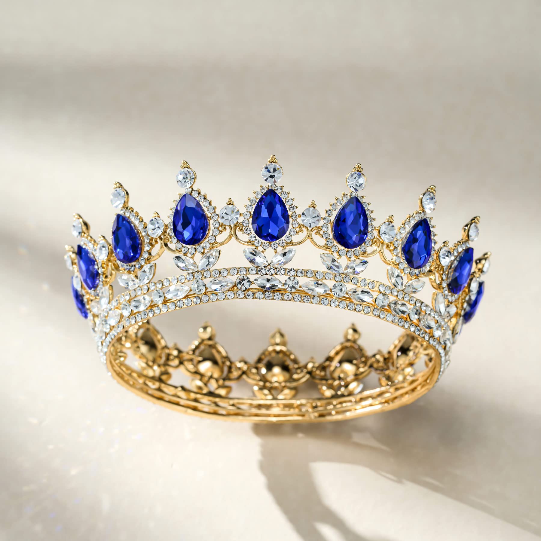 SWEETV Crystal Queen Crown for Women, Rhinestone Wedding Tiara Headband, Full Round Princess Crown Hair Accessories for Prom Birthday Costume Party, Royal Blue+Gold