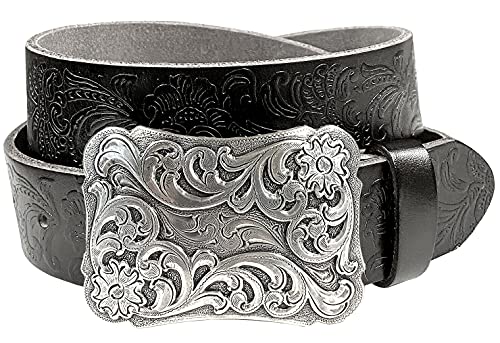 HA0038-BS036-W Cowtown Western Tooled Full Grain Genuine Leather Belt 1 1/2"(38mm) Wide (Black, 30)