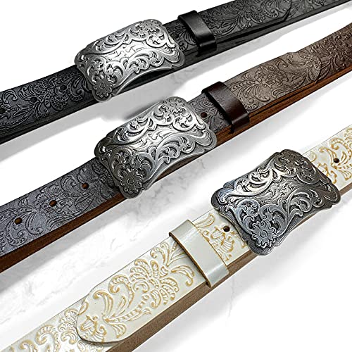 HA0038-BS036-W Cowtown Western Tooled Full Grain Genuine Leather Belt 1 1/2"(38mm) Wide (Black, 30)