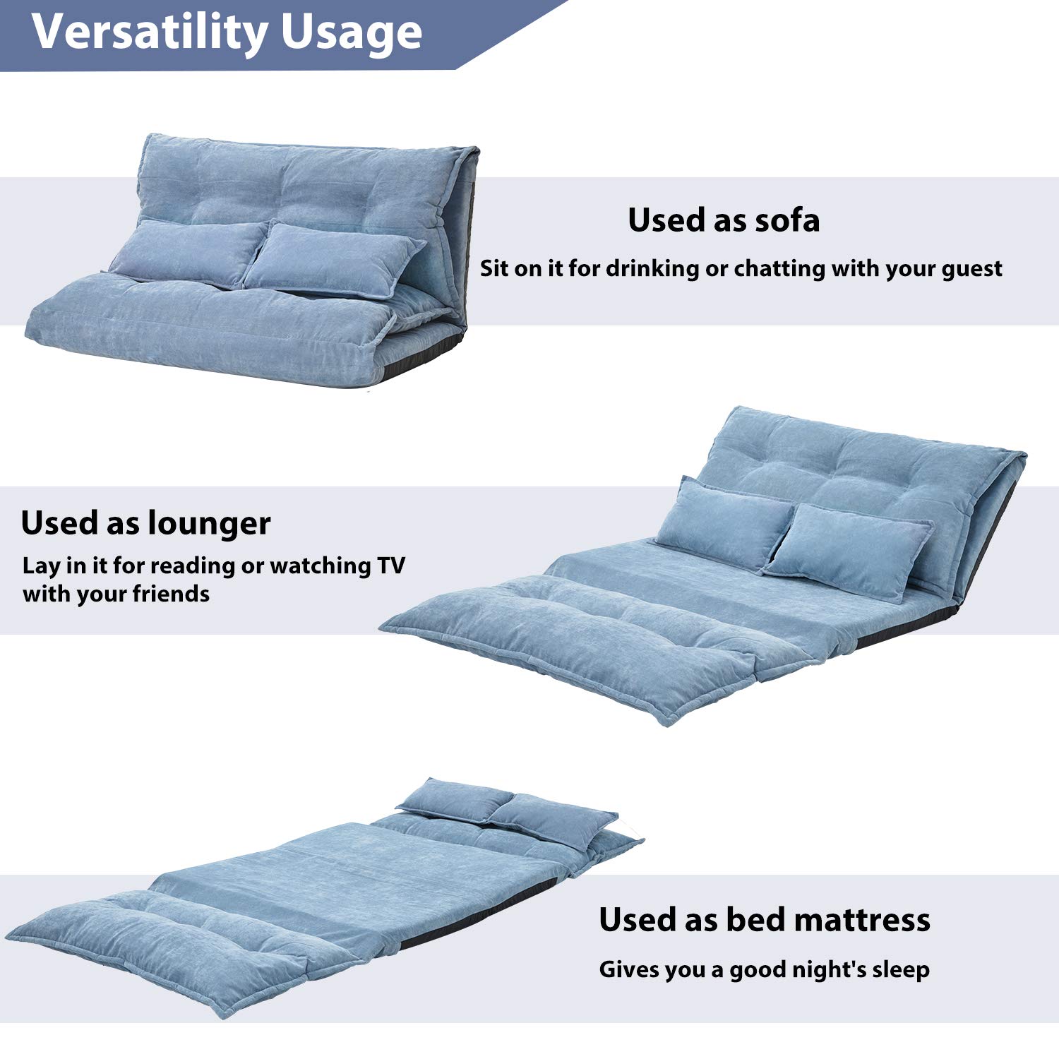 Harper & Bright Designs Floor Sofa Adjustable Lazy Sofa Bed, Foldable Mattress Futon Couch Bed with 2 Pollows, Blue