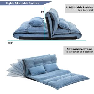 Harper & Bright Designs Floor Sofa Adjustable Lazy Sofa Bed, Foldable Mattress Futon Couch Bed with 2 Pollows, Blue