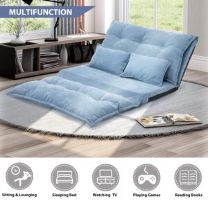 Harper & Bright Designs Floor Sofa Adjustable Lazy Sofa Bed, Foldable Mattress Futon Couch Bed with 2 Pollows, Blue