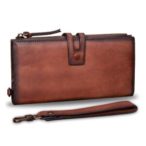 genuine leather wallet vintage handbag cowhide long purse money clip card case organizer with hand strap (coffee)