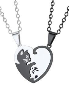 faithheart cat matching necklace for couple, stainless steel puzzle pieces bff pendants for women, cute friendship necklaces for 2 ladies