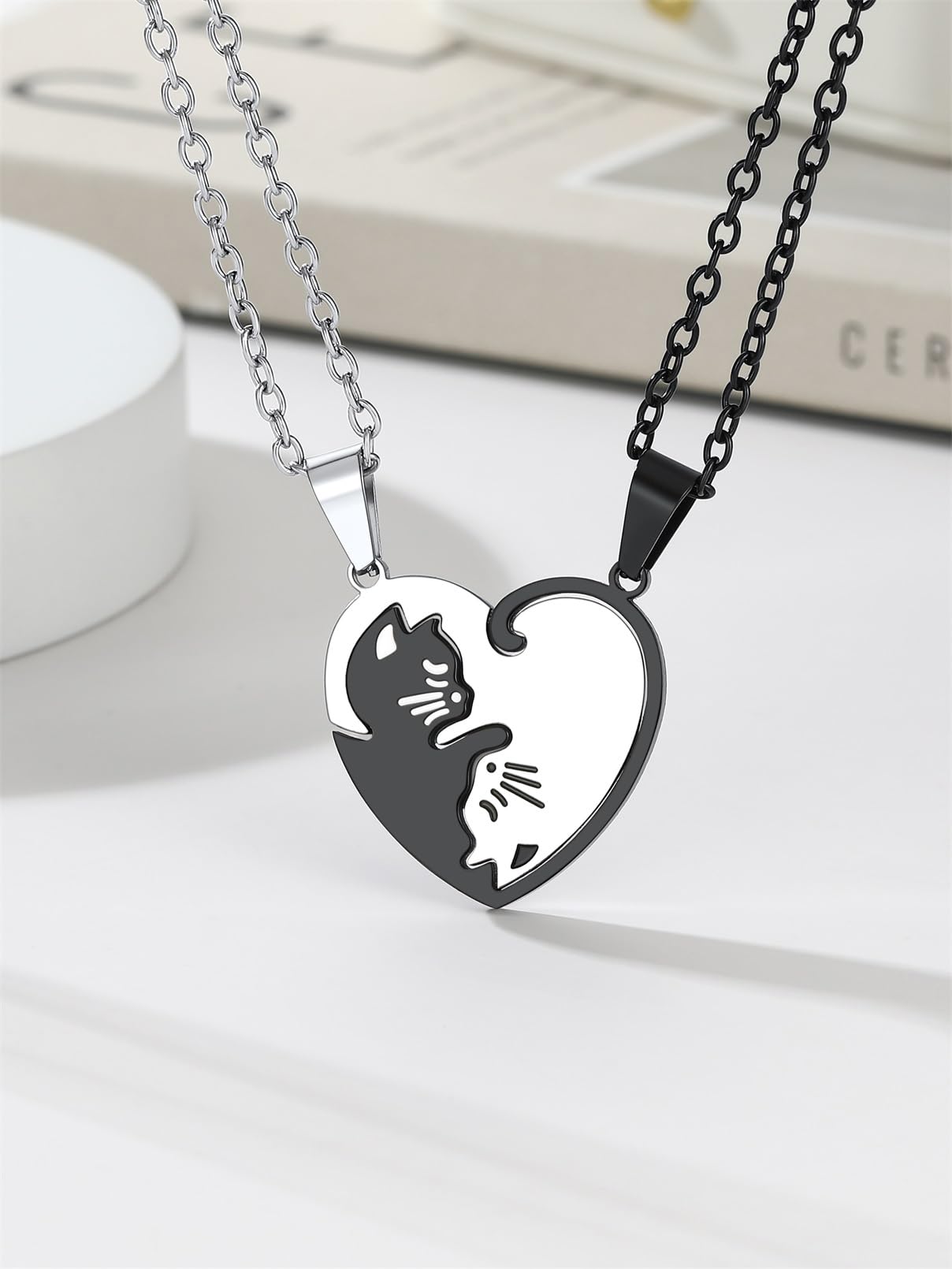 FaithHeart Cat Matching Necklace for Couple, Stainless Steel Puzzle Pieces BFF Pendants for Women, Cute Friendship Necklaces for 2 Ladies