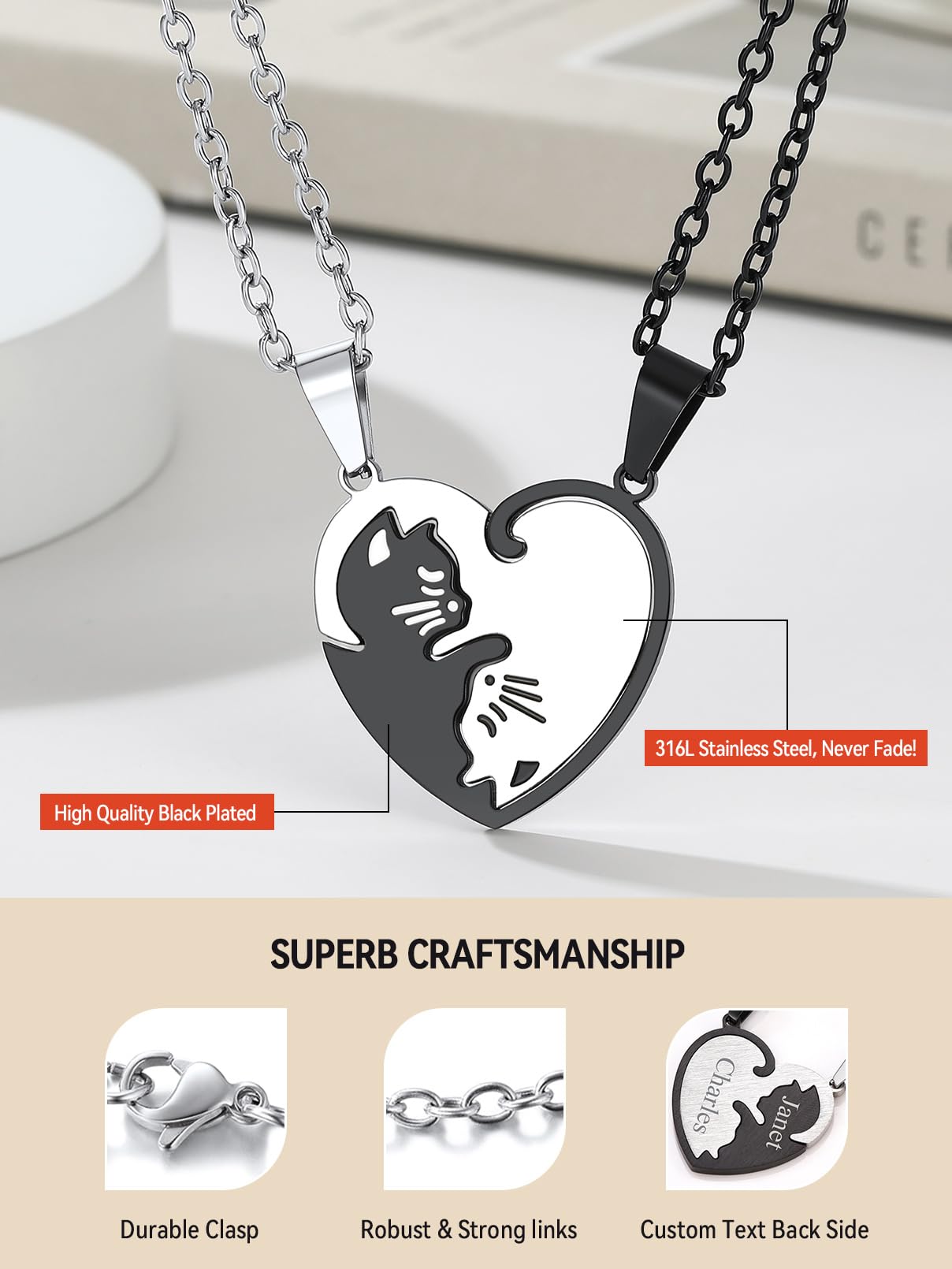 FaithHeart Cat Matching Necklace for Couple, Stainless Steel Puzzle Pieces BFF Pendants for Women, Cute Friendship Necklaces for 2 Ladies