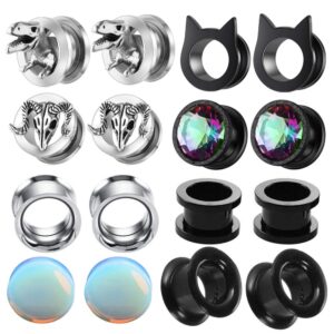 8 pairs cz gems ear tunnels plugs gauges stainless steel tyrannosaurus expander stretcher piercings opal glass silicone black dinosaur (6mm=2g)