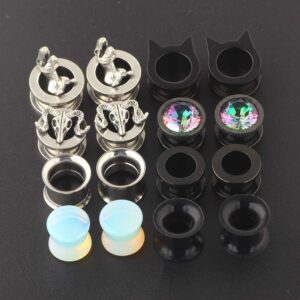 8 Pairs CZ Gems Ear Tunnels Plugs Gauges Stainless Steel Tyrannosaurus Expander Stretcher Piercings Opal Glass Silicone Black Dinosaur (6mm=2g)