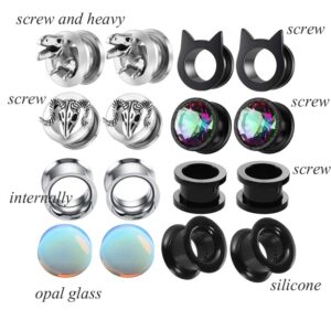 8 Pairs CZ Gems Ear Tunnels Plugs Gauges Stainless Steel Tyrannosaurus Expander Stretcher Piercings Opal Glass Silicone Black Dinosaur (6mm=2g)