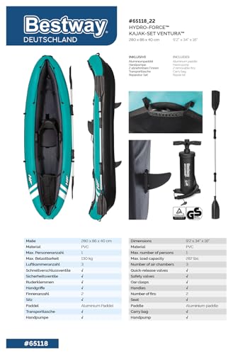 Bestway Hydroforce Ventura Kayak 1 Person Set, Inflatable Boat Set with Hand Pump, Paddle and Storage Bag, Multiple Styles, Light Blue