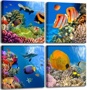 bathroom canvas wall art sea turtle wall decor for living room colorful fish coral dolphin ocean theme underwater world pictures for bedroom navy seascape artwork framed nautical wall decor