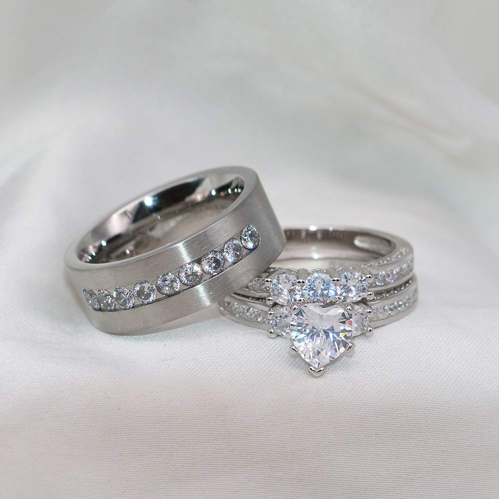 TWO RINGS Wedding Ring Sets His And Hers Promise Ring Couples Bridal Sets Women 925 Sterling Silver Heart Cz Man Titanium Wedding Bands