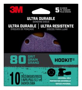 3m ultra durable 5 inch power sanding discs, universal hole, 80 grit, 10/pack